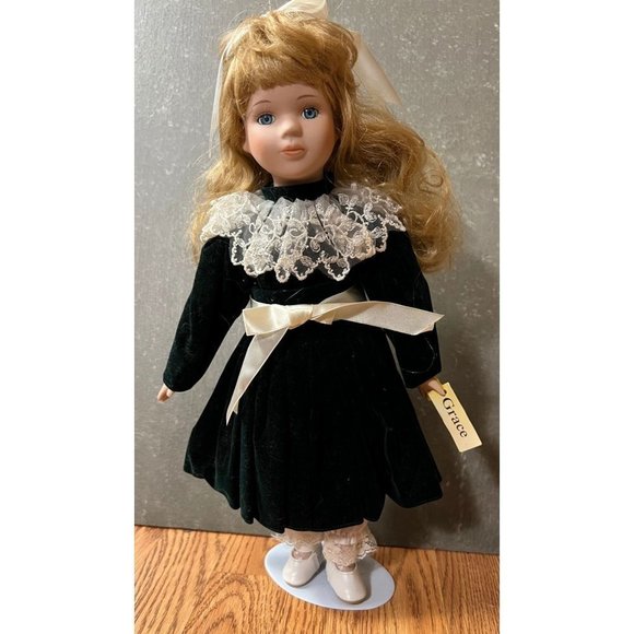 Toys | Vintage Grace Porcelain Doll 16 Inches With Stand Green Velvet ...